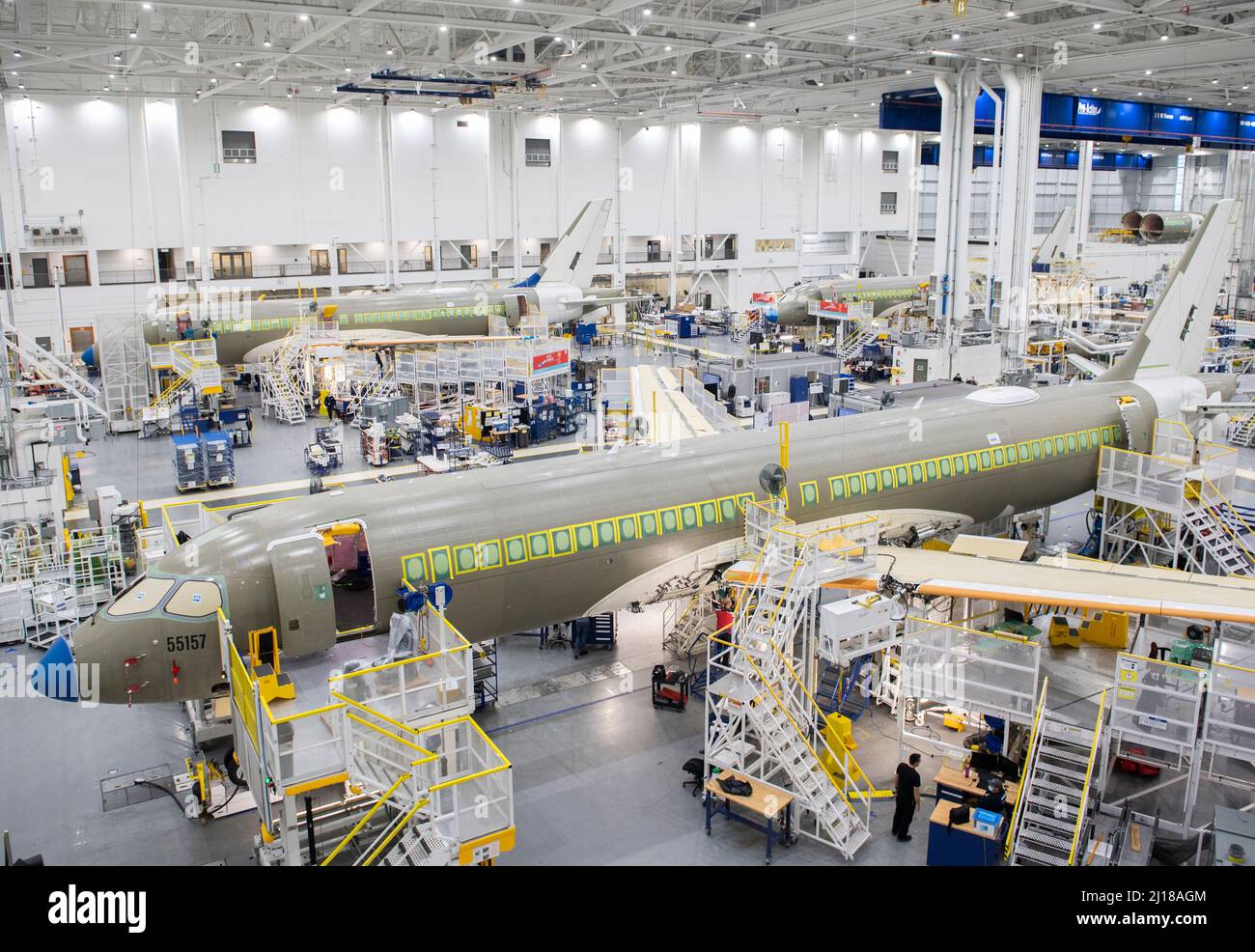 An Airbus A220 plane at the Airbus Canada LP assembly site in Mirabel ...