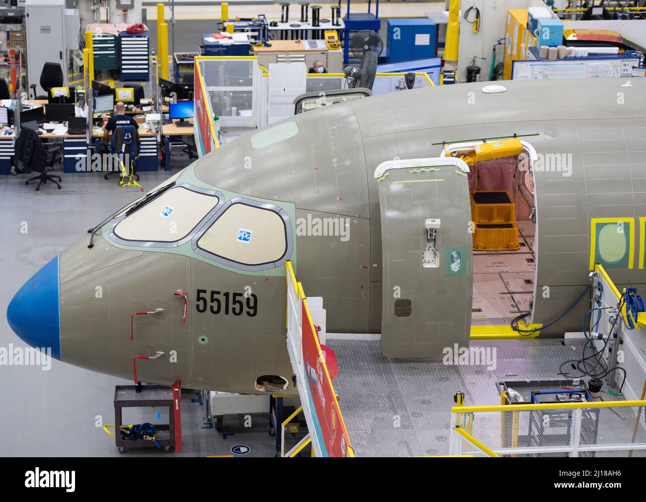 An Airbus A220 plane at the Airbus Canada LP assembly site in Mirabel ...