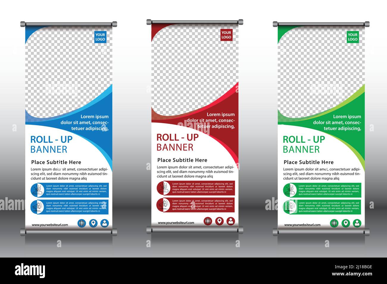 Roll up banner design vector templates in red, blue, and green Stock ...