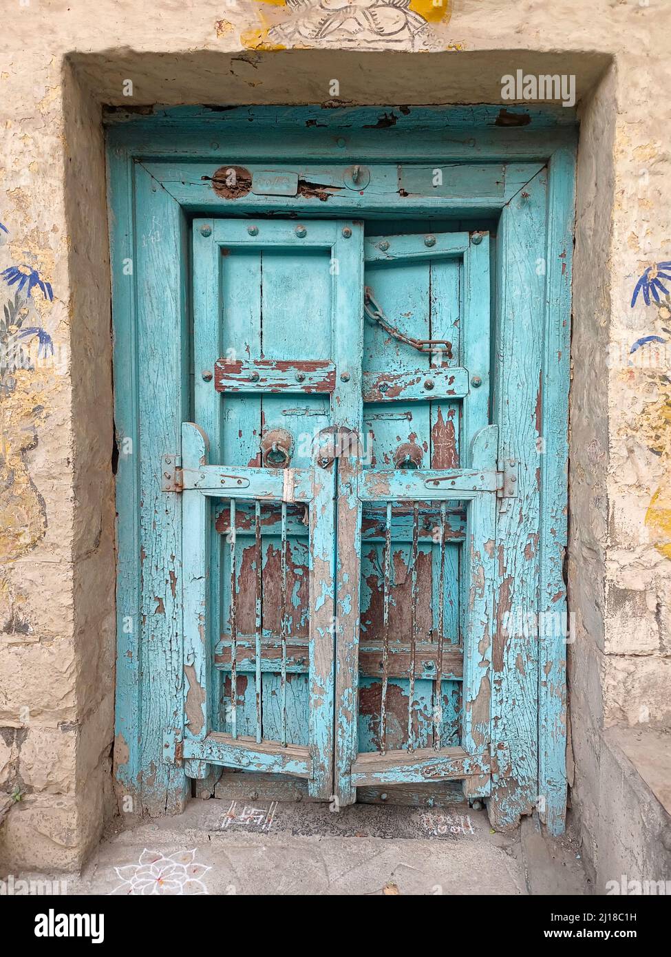 21 March 2022, Pandharpur, India, Old Vintage wooden door on retro wall ...