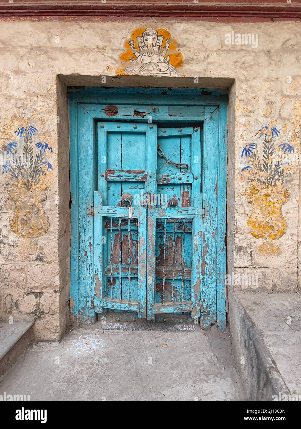 21 March 2022, Pandharpur, India, Old Vintage wooden door on retro wall ...