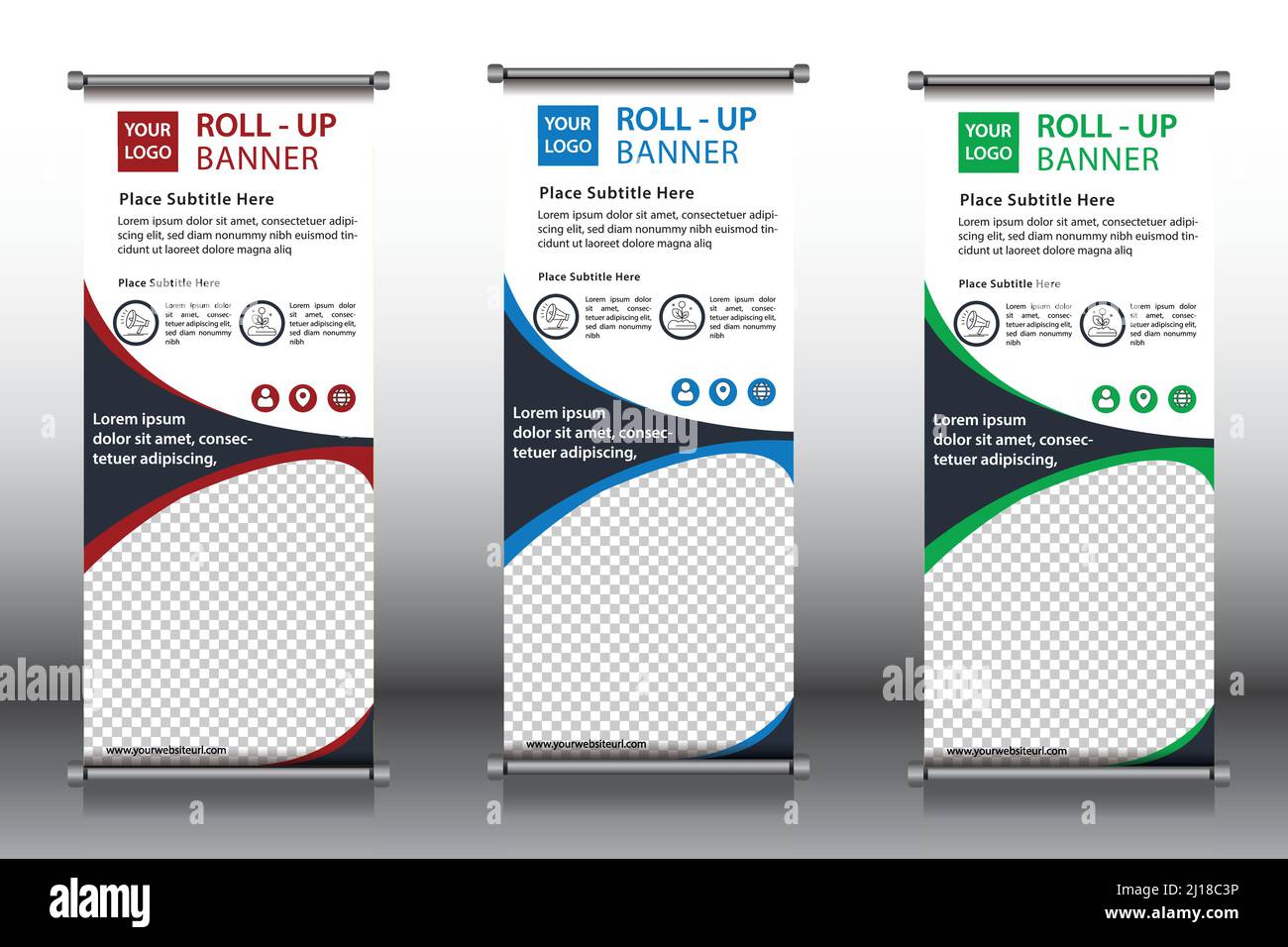 Roll up banner design vector templates in red, blue, and green Stock ...