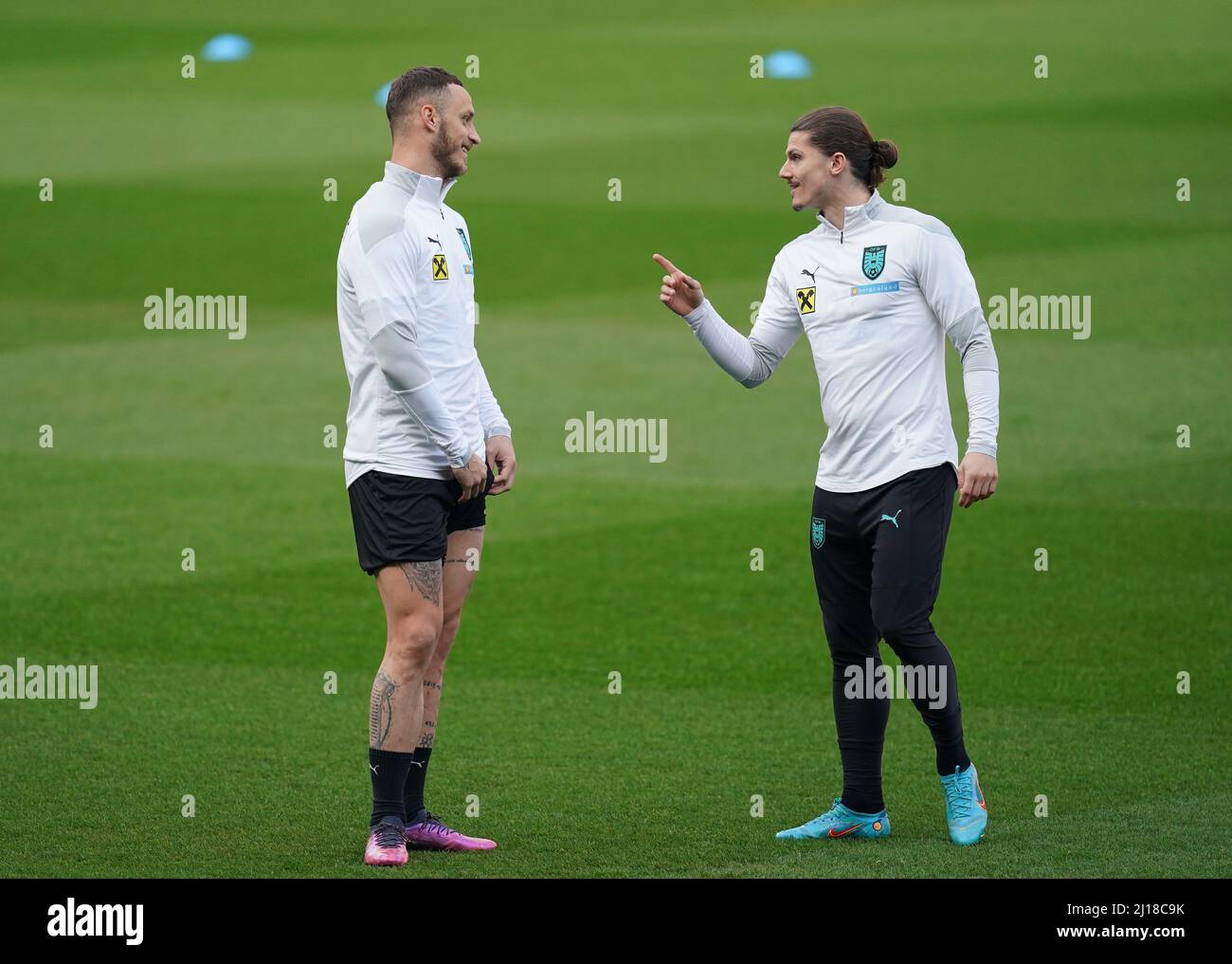 Austria's Marko Arnautovic (left) and Marcel Sabitzer during a training ...