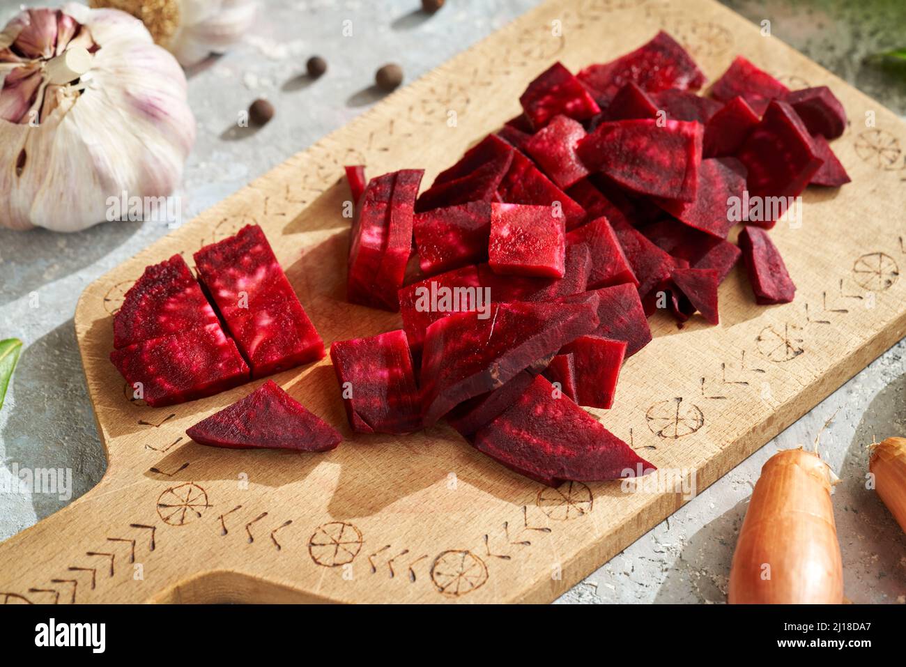 Preparation of fermented beet kvass from sliced beetroot, onion, garlic ...