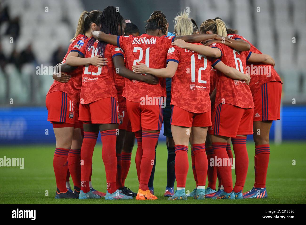 Turin, Italy. 23rd Mar, 2022. Olympique Lyonnais before the UEFA Womens ...
