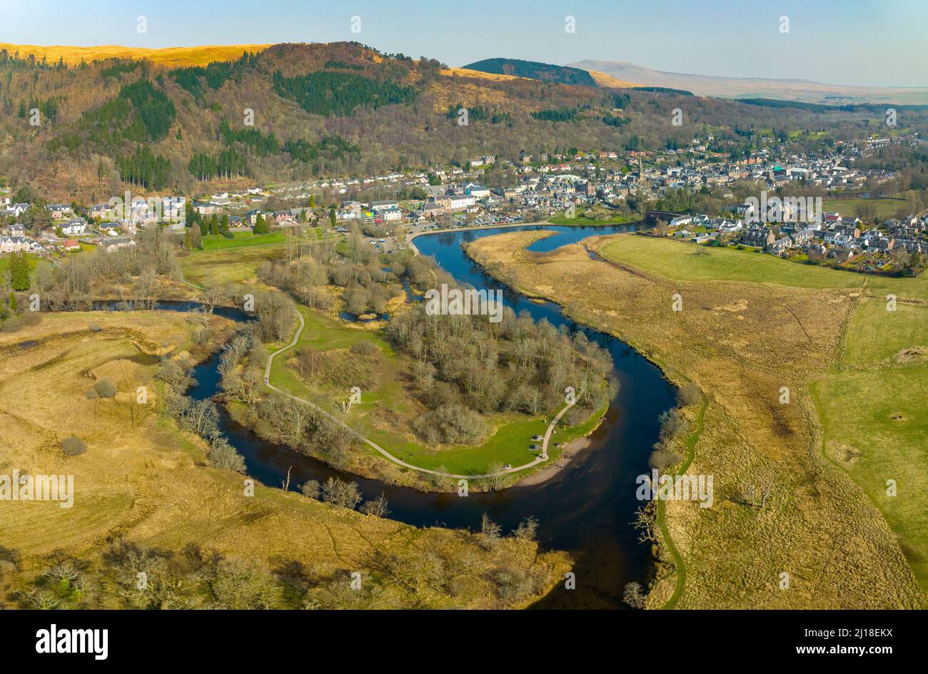 Aerial view from drone of village of Callander on the River Teith in ...