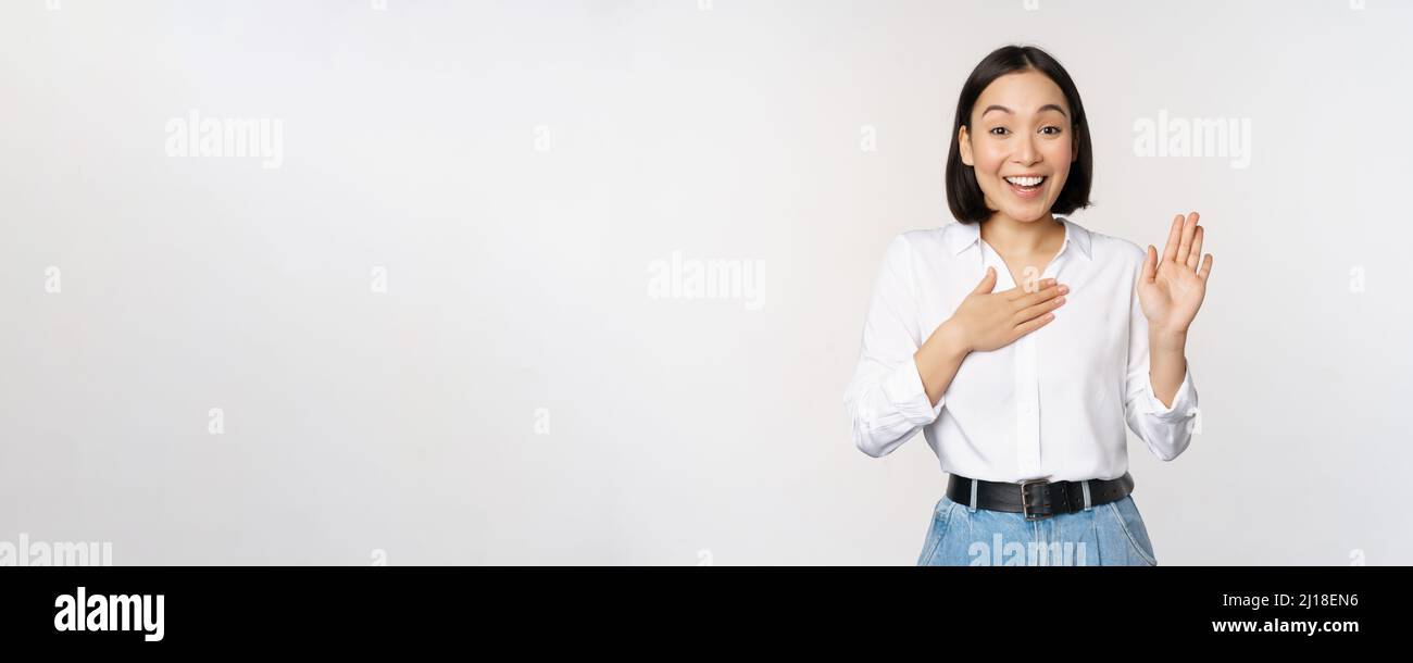 Image of cute young female office worker, asian girl student raising ...