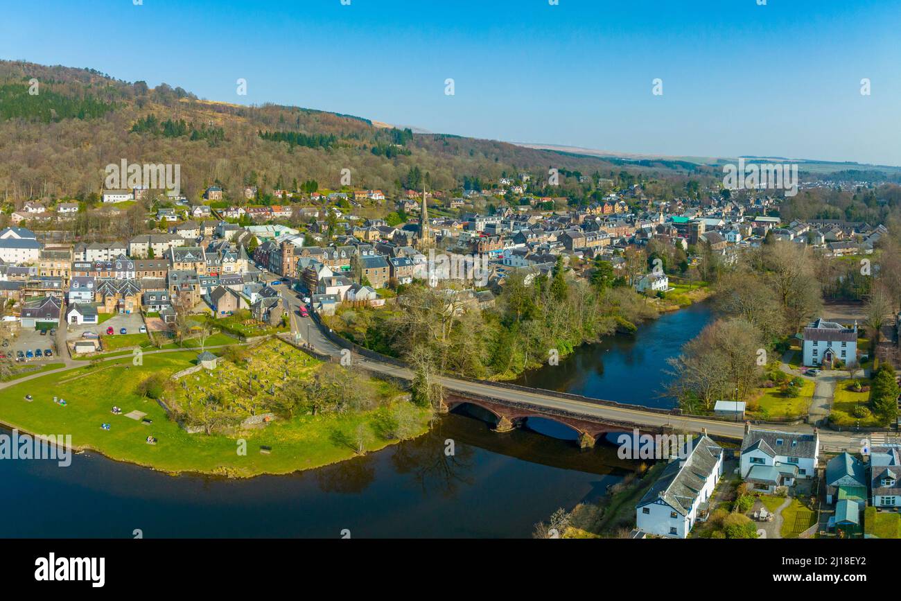 Aerial view from drone of village of Callander on the River Teith in ...
