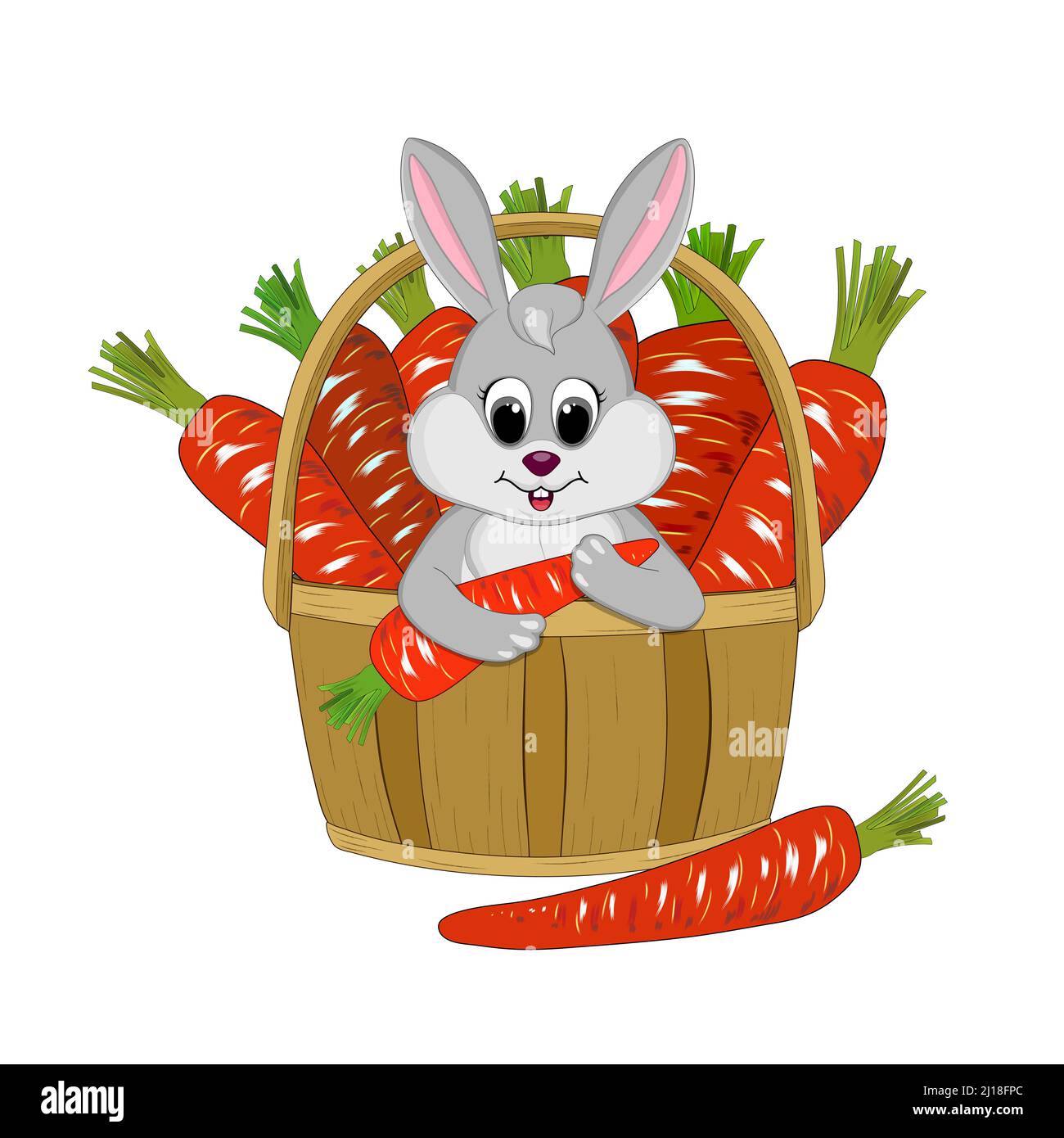 The Easter bunny is sitting in a basket full of carrots. Vector ...