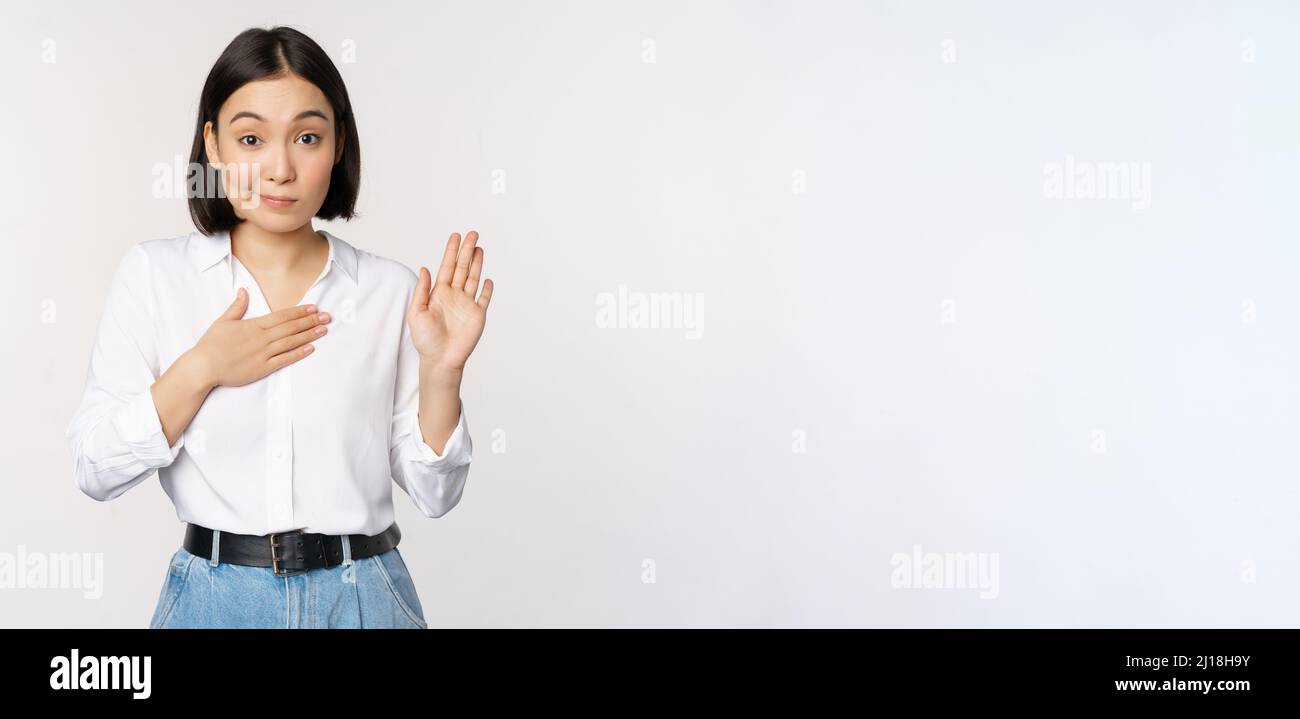 Image of cute young female office worker, asian girl student raising ...