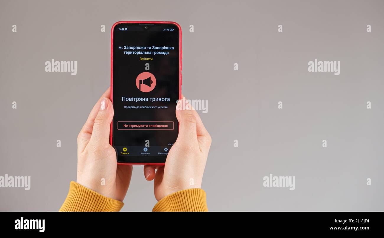March 21, 2022, Zaporozhye, Ukraine. A smartphone in the hands of a ...