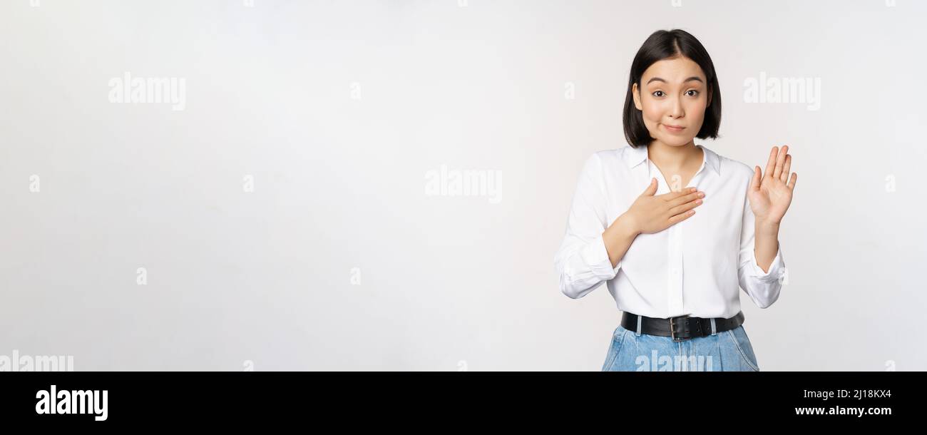 Image of cute young female office worker, asian girl student raising ...