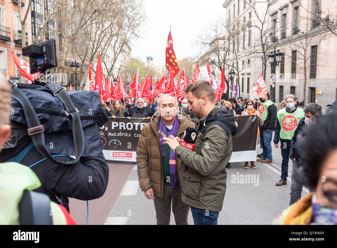 Madrid, Spain, 23rd mar 2022. Labor Unions and consumer organisations ...
