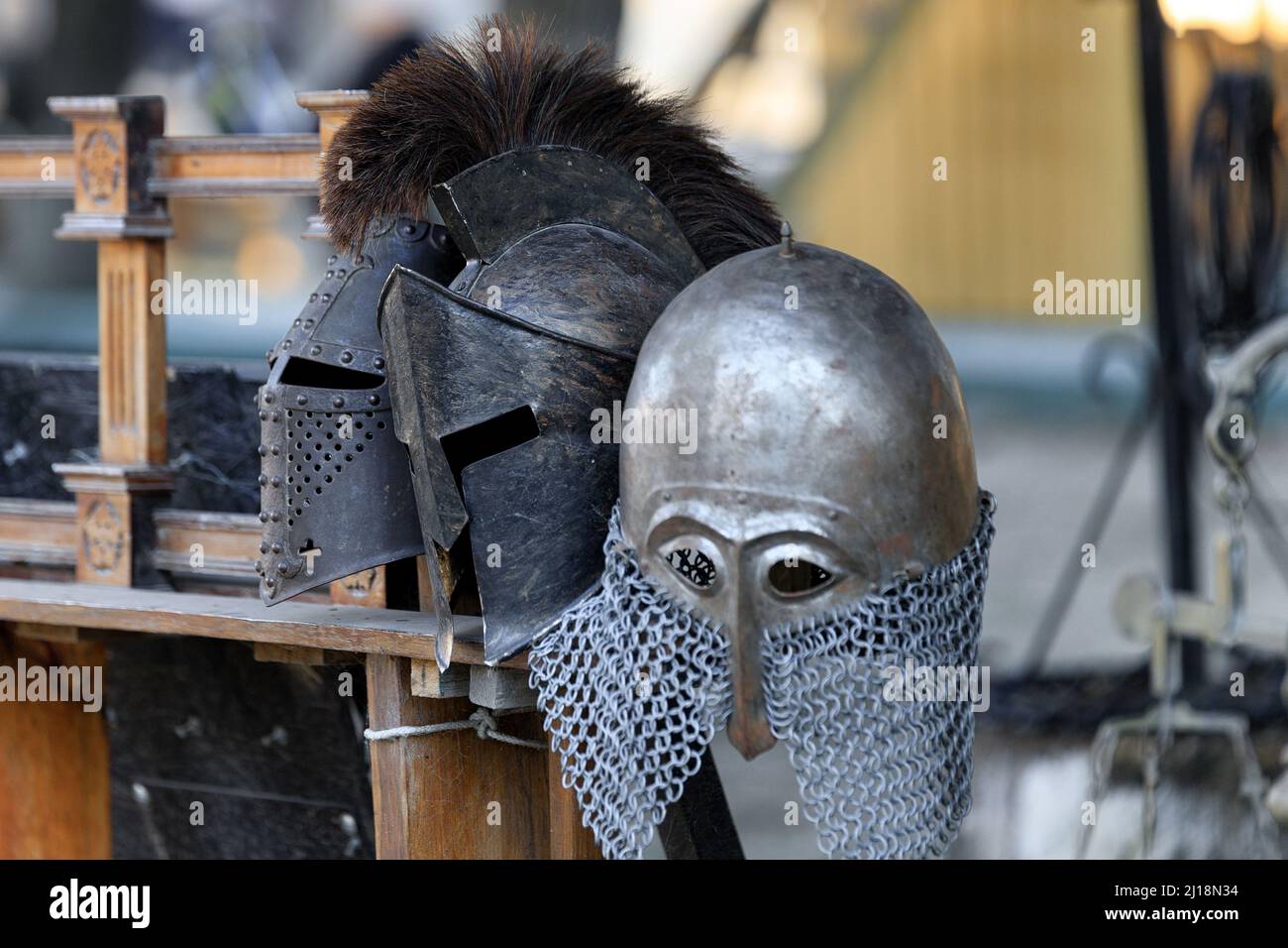 Ancient knight armor, helmets clothes, with shallow depth of field ...
