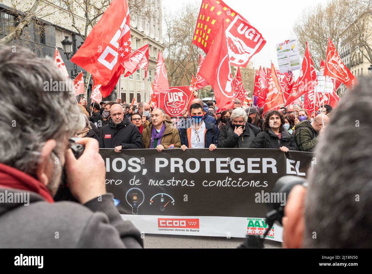 Madrid, Spain, 23rd mar 2022. Labor Unions and consumer organisations ...