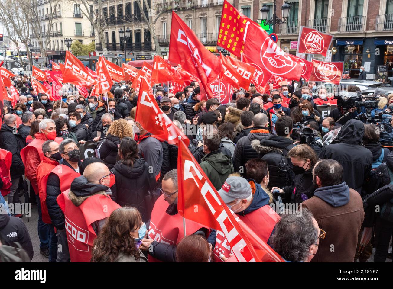 Madrid, Spain, 23rd mar 2022. Labor Unions and consumer organisations ...