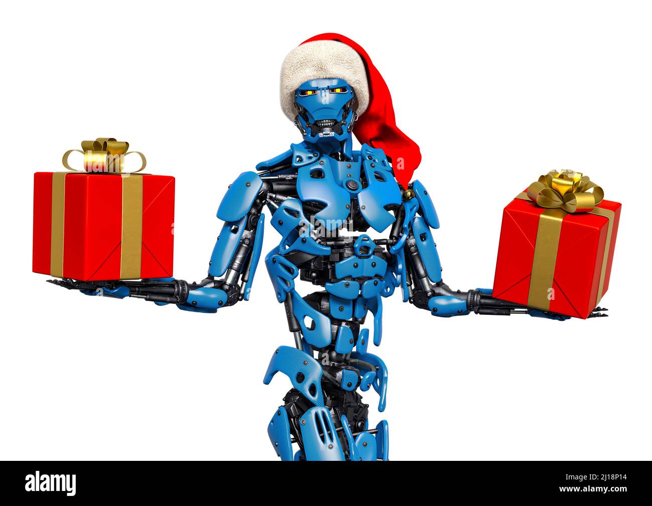 cyborg is the santa this time and he is holding present and gift, 3d ...