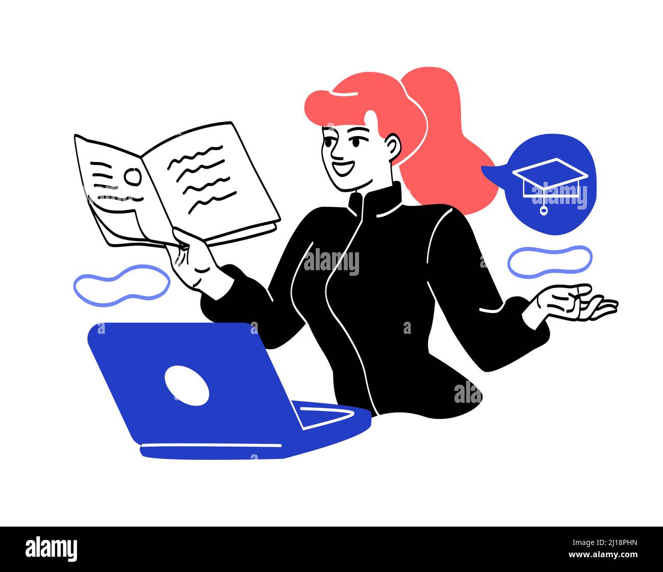 School teacher at work. Girl giving lecture online. Character with ...