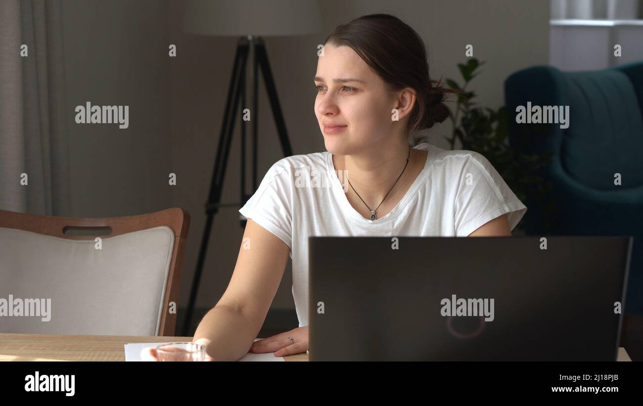 Authentic Stressful Woman working Chatting On Laptop Living Room ...