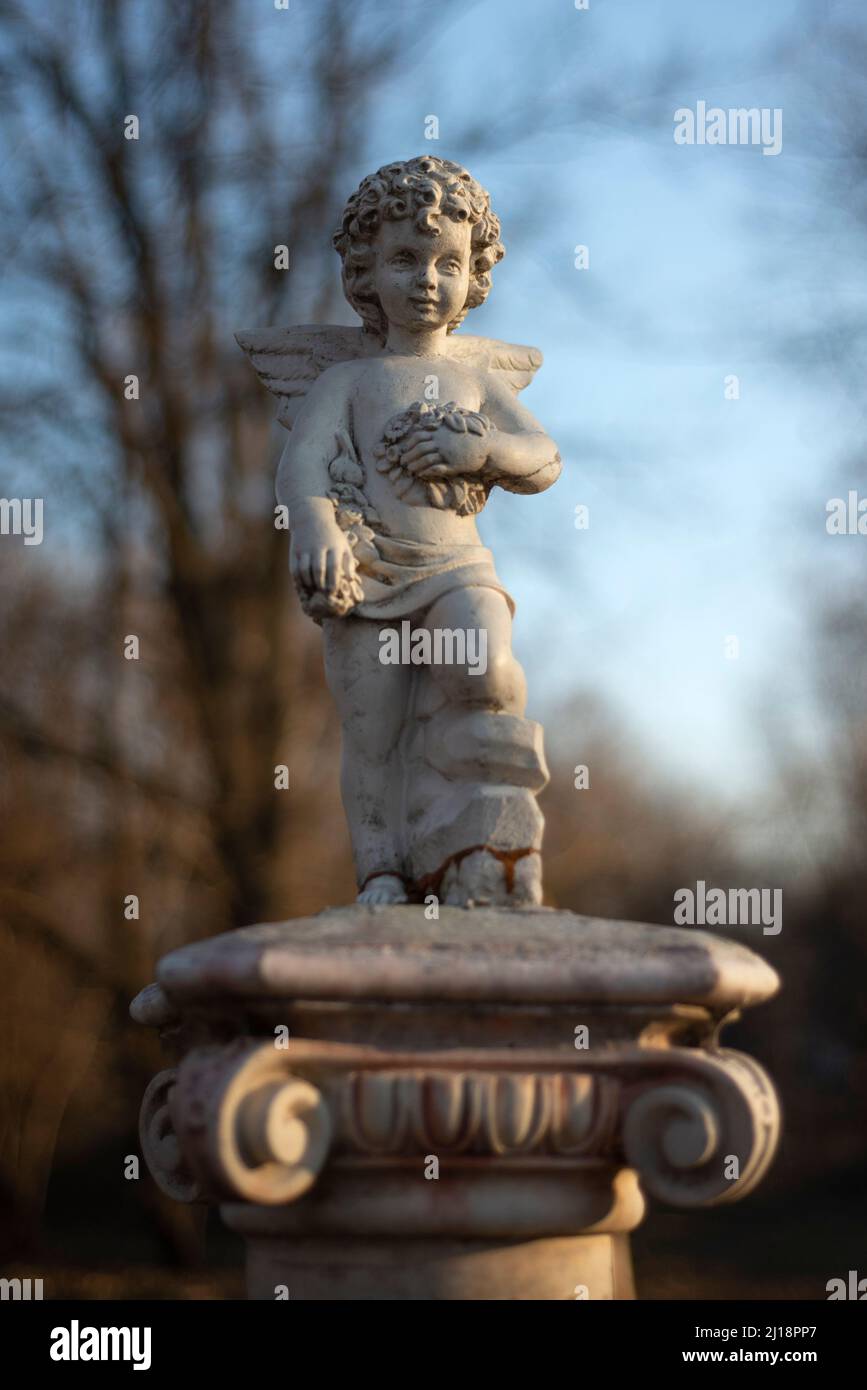 Little winged angel cherub garden statue Stock Photo - Alamy
