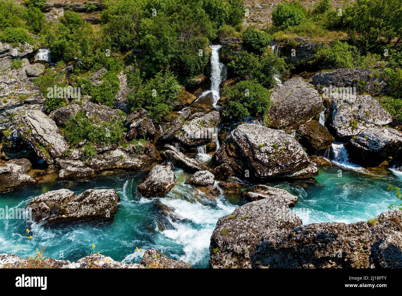 Big and fast river turning into waterfall in Podgorica. Landscapes ...