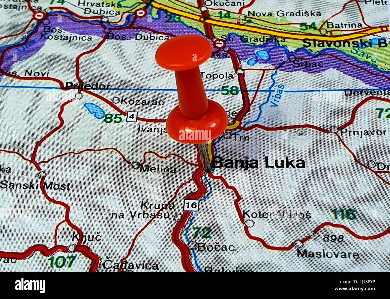 The Close-up shot of a map and a red on Banja Luka city in Bosnia and ...