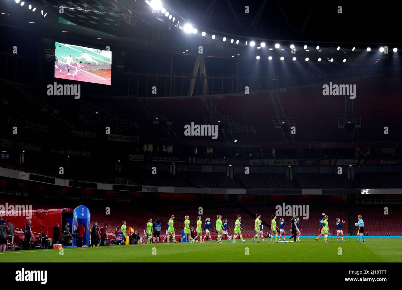 Players from both teams walk out before kick off ahead of the UEFA ...