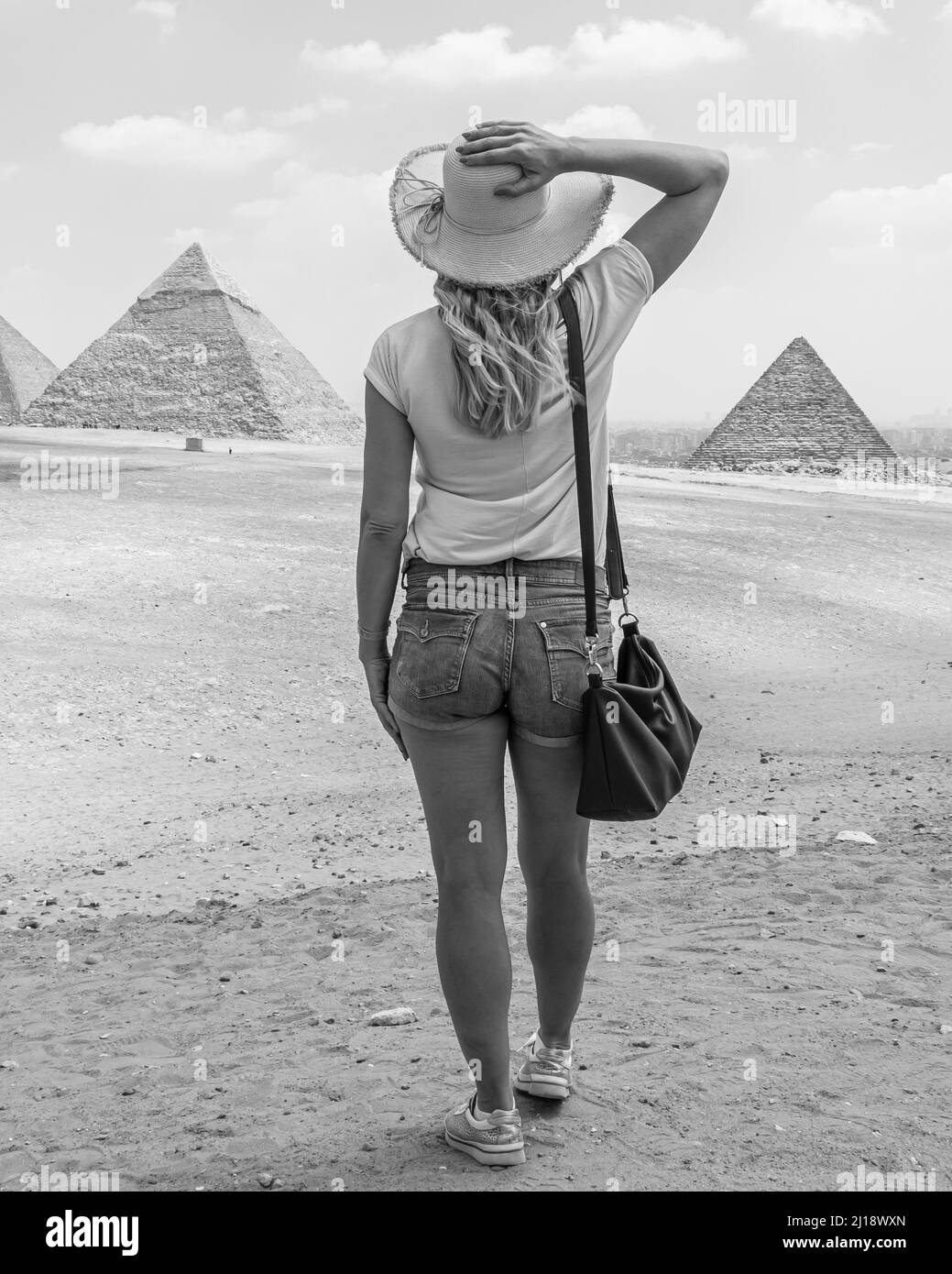 Young girl in the desert. Back view portrait of a single woman watching ...