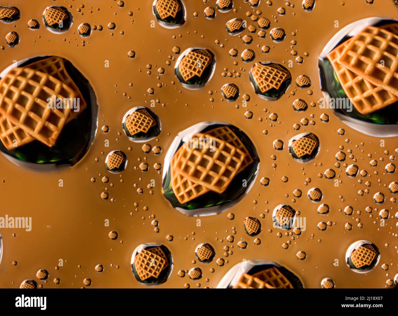 Creative macro food still-life of breakfast waffles reflected in water ...