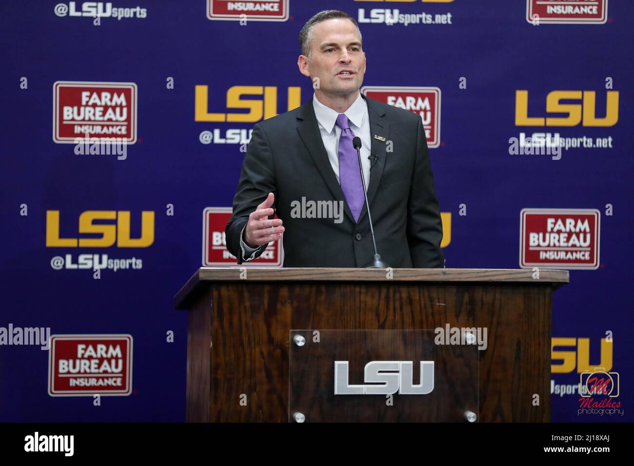 March 23, 2022: New LSU Head Basketball Coach Matt McMahon holds his ...
