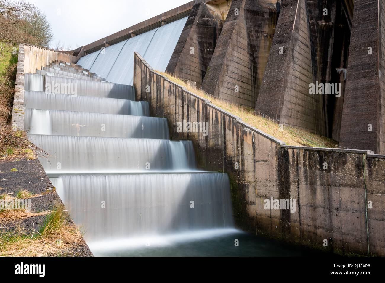 Long exposure of the waterfalls flowing over Wimbleball dam in Somerset ...