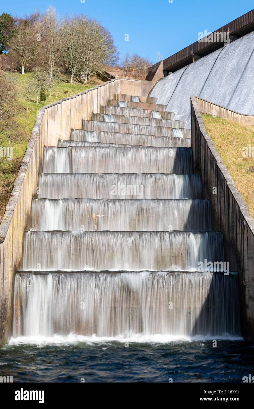 Long exposure of the waterfalls flowing over Wimbleball dam in Somerset ...