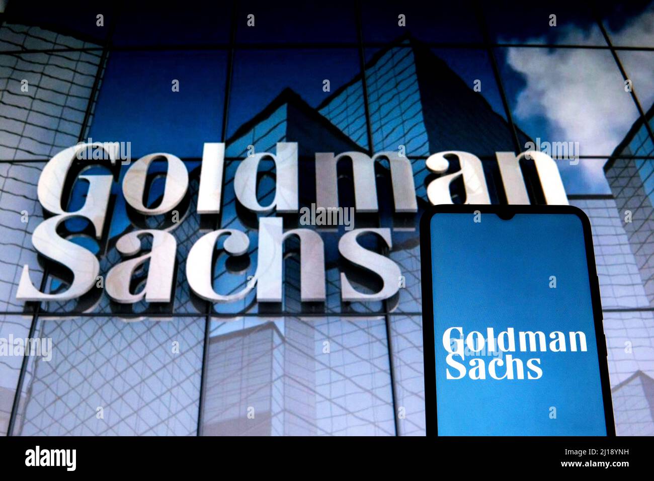 In this photo illustration a Goldman Sachs Group logo seen displayed on ...