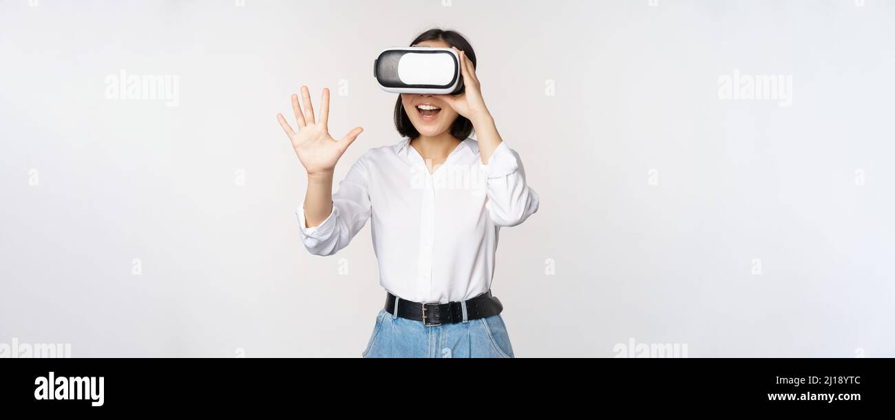 Vr Chat Asian Girl Saying Hello In Virtual Reality Glasses Smiling