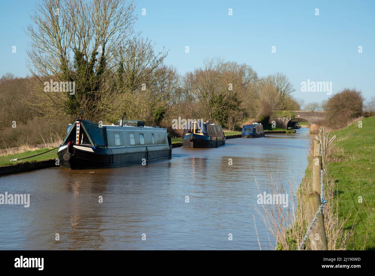 Canal or narrow boats moored on the Middlewich branch of the Shropshire ...
