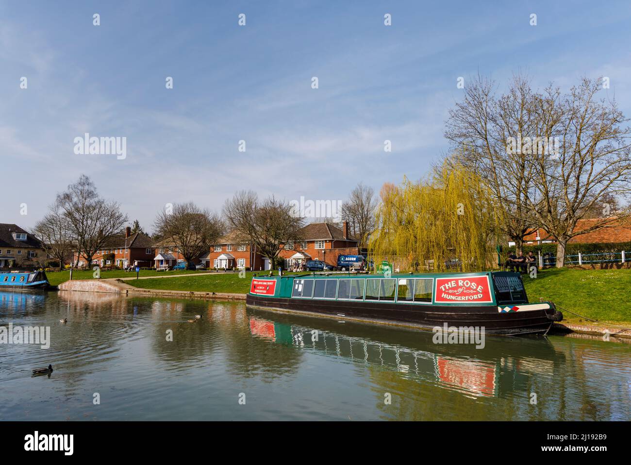The narrowboat 'The Rose of Hungerford' moored on the banks of the ...