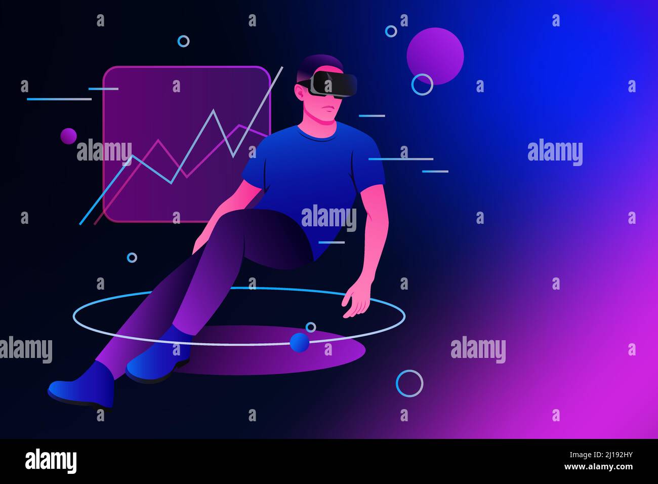 Economics in Metaverse. Data Graph, Man in Goggles, Isometric Vector ...
