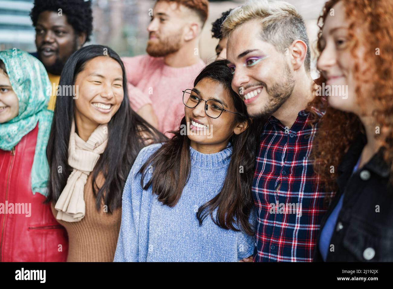Young diverse people having fun outdoor laughing together - Diversity ...