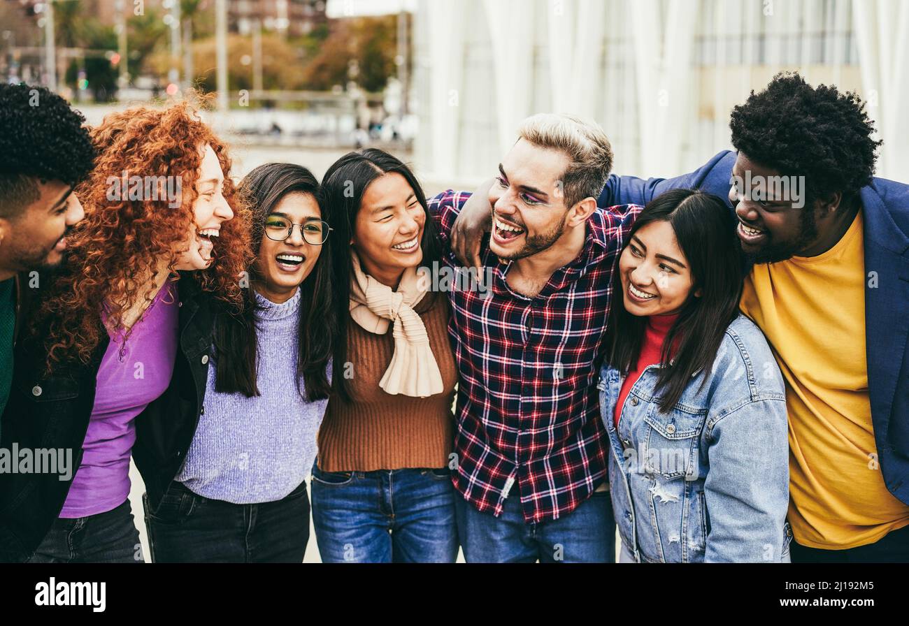 Young diverse people having fun outdoor laughing together - Diversity ...