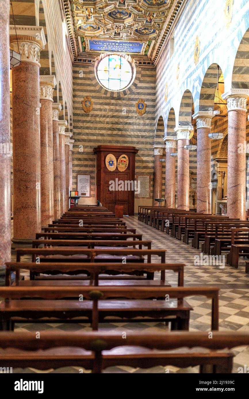 A vertical shot of the interior of a church with benches and arched ...