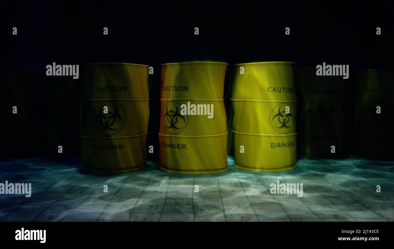 Biohazard barrels in a dirty room under water 3D rendering Stock Photo ...