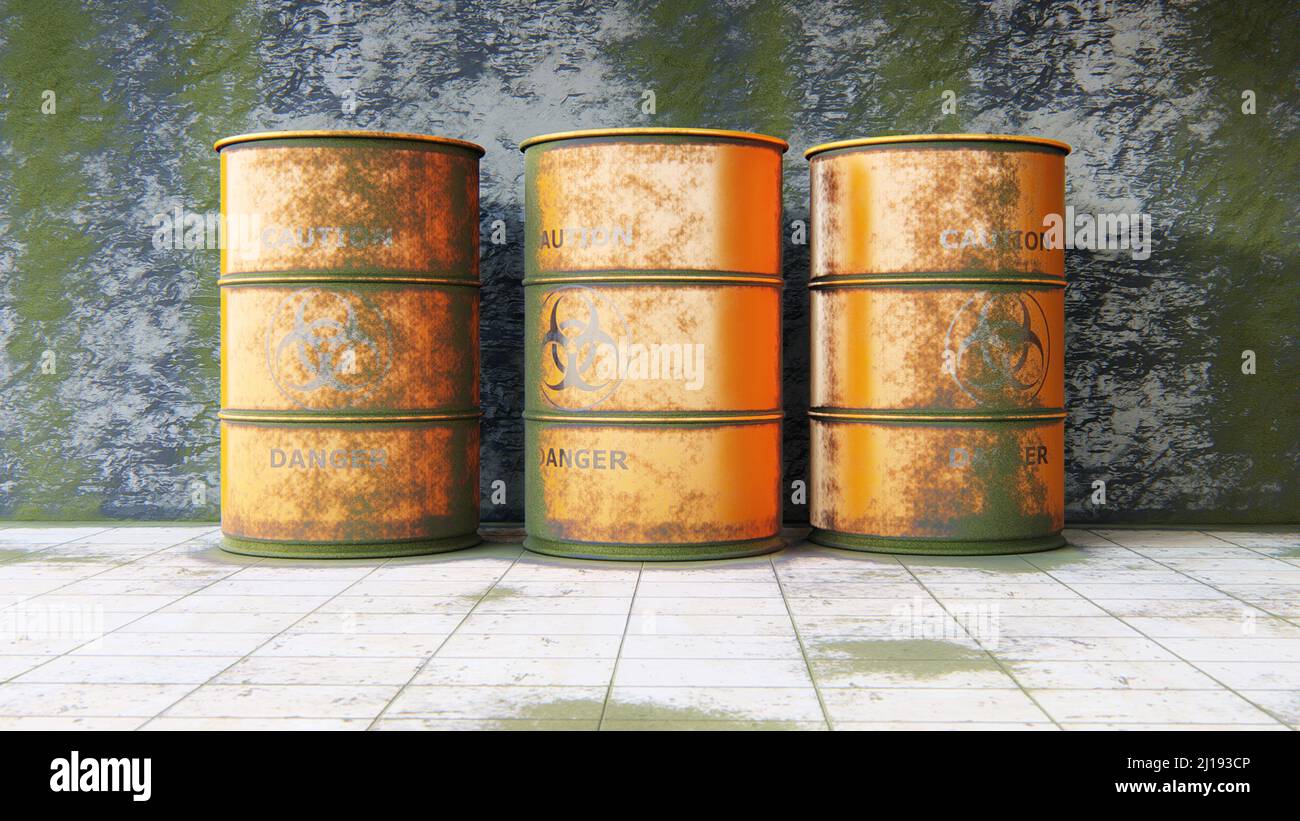 Biohazard barrels in a dirty room 3D rendering Stock Photo - Alamy