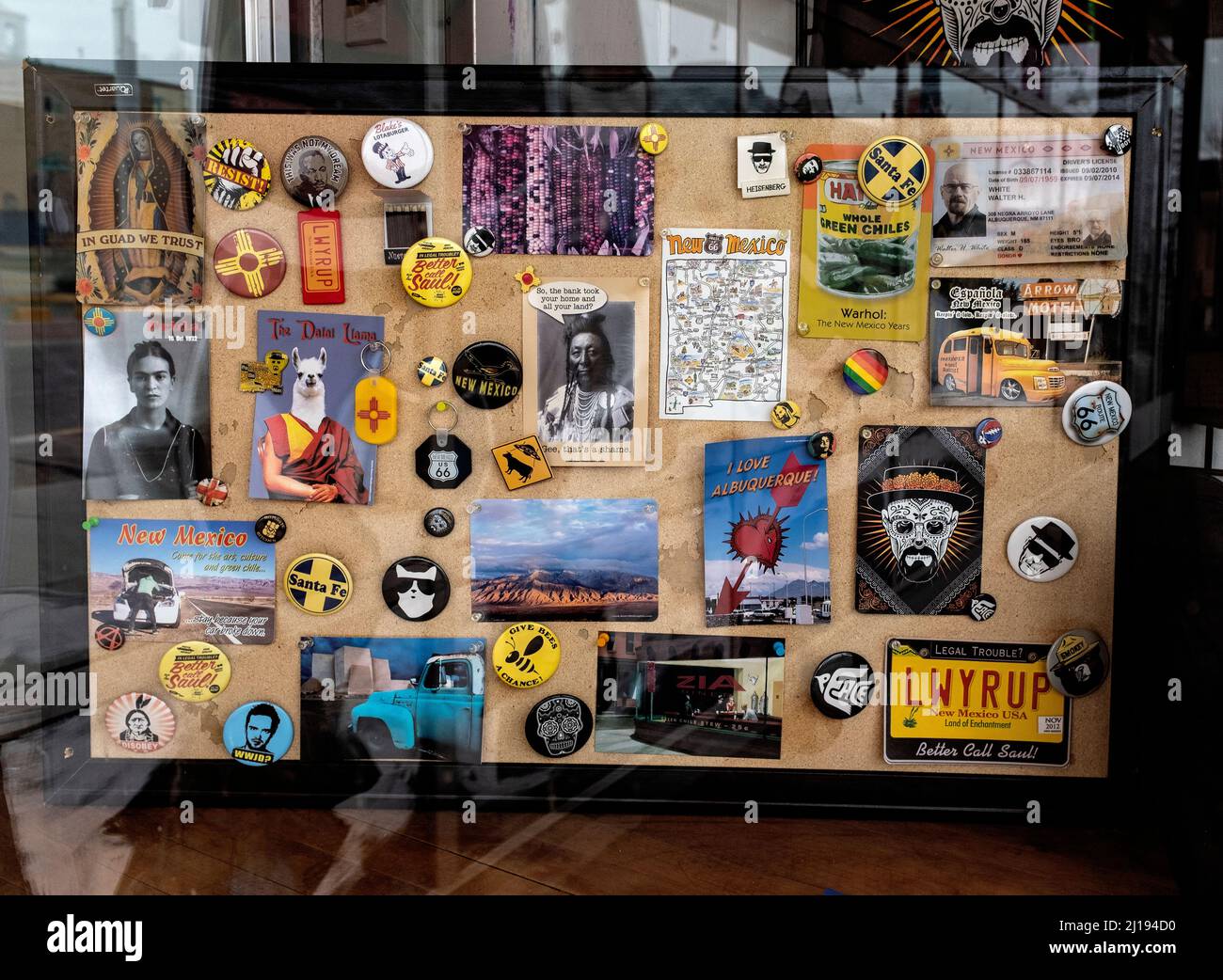 bulletin board in shop window showing New Mexico objects & memorabilia ...
