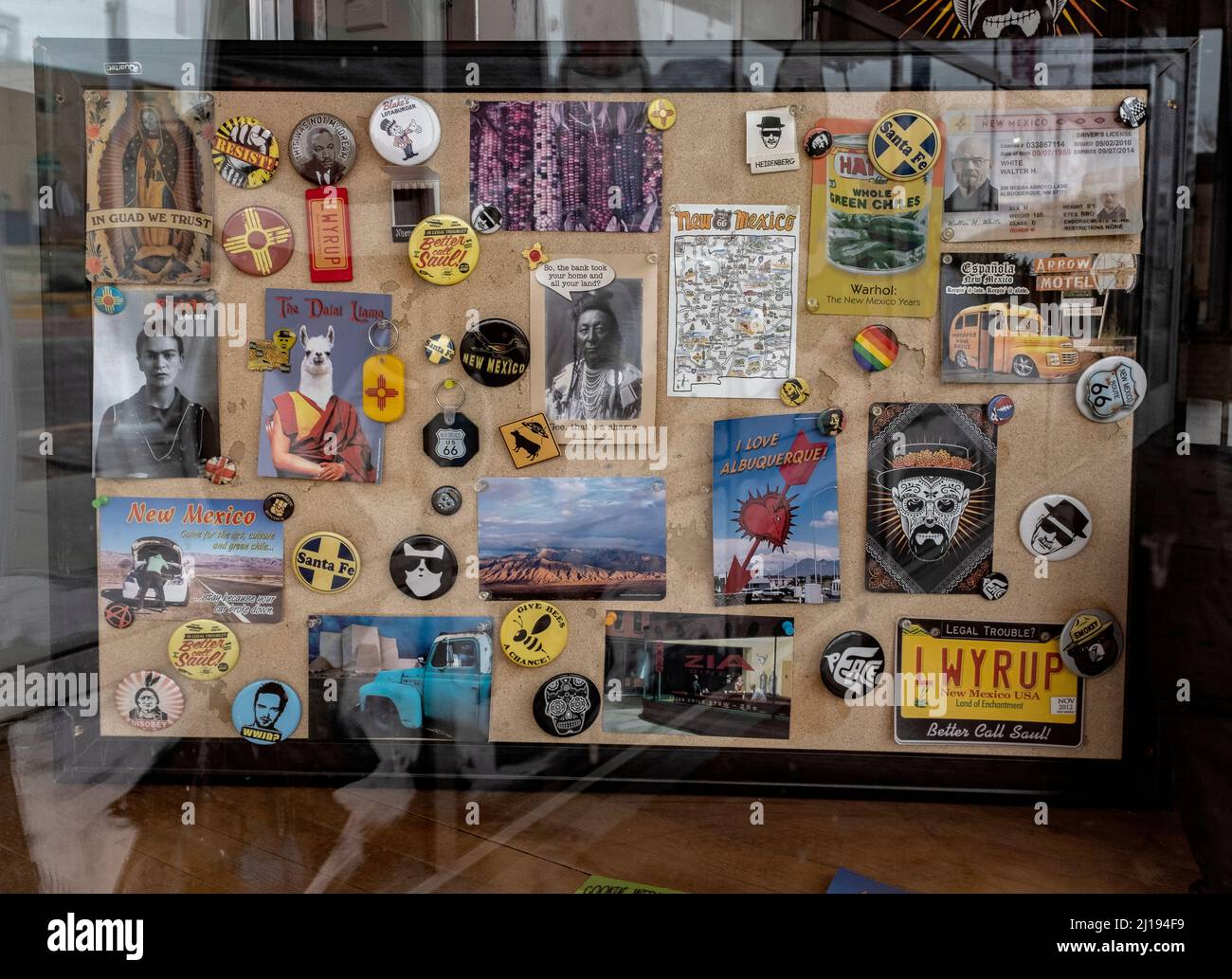 bulletin board in shop window showing New Mexico objects & memorabilia ...