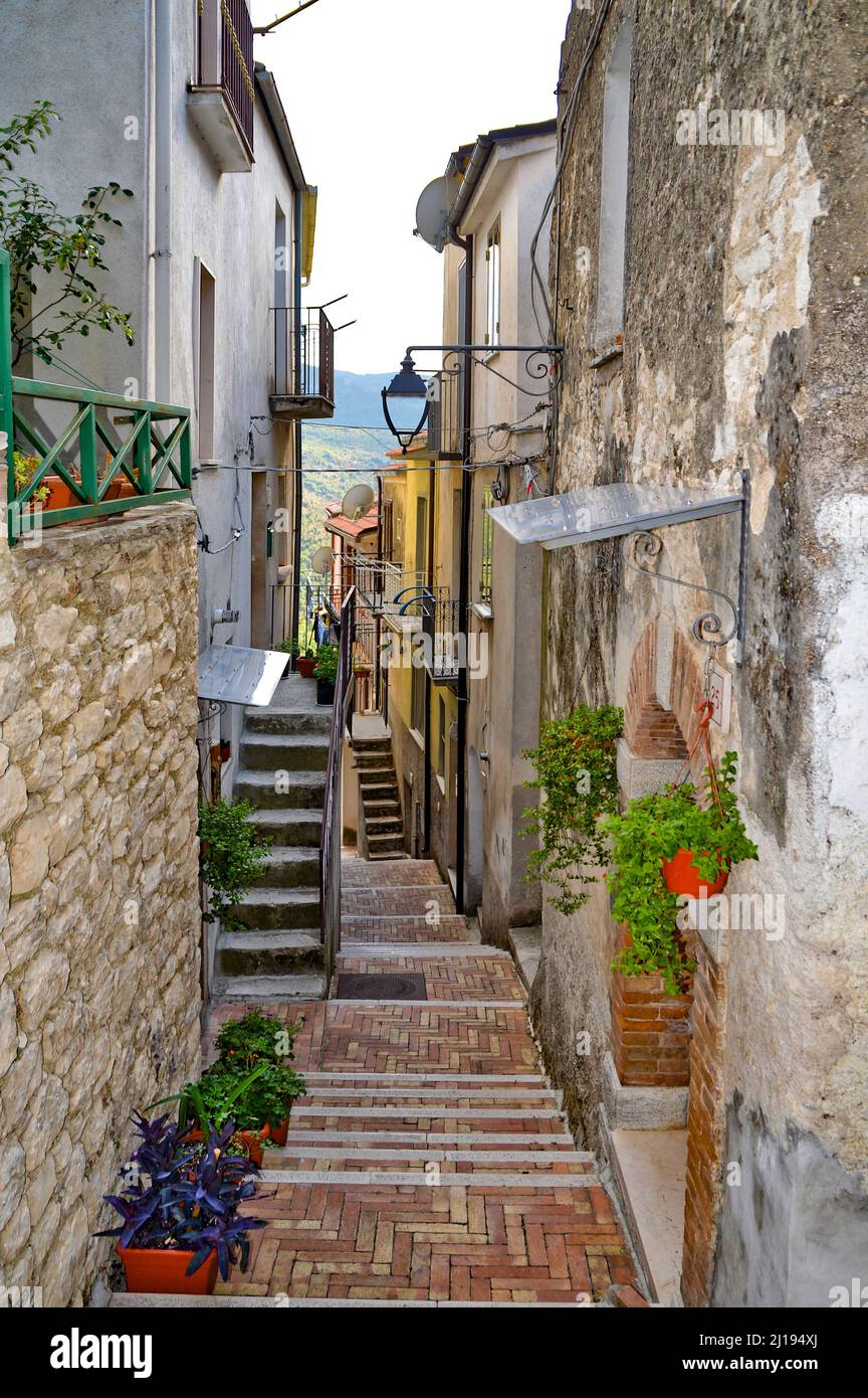 A vertical shot of a narrow street in Monteroduni, a medieval town of ...