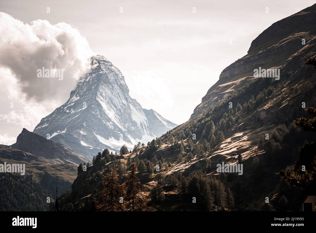 Swiss mountain Matterhorn- monumental rock formations in the Alps Stock ...