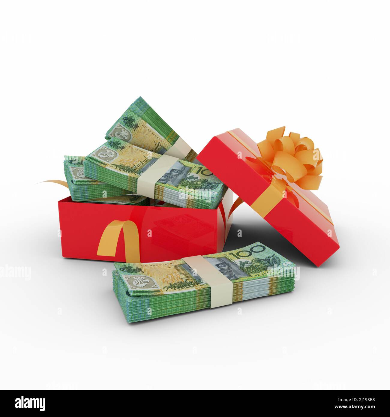 Stack of 100 Australian dollar notes inside an open red gift box ...
