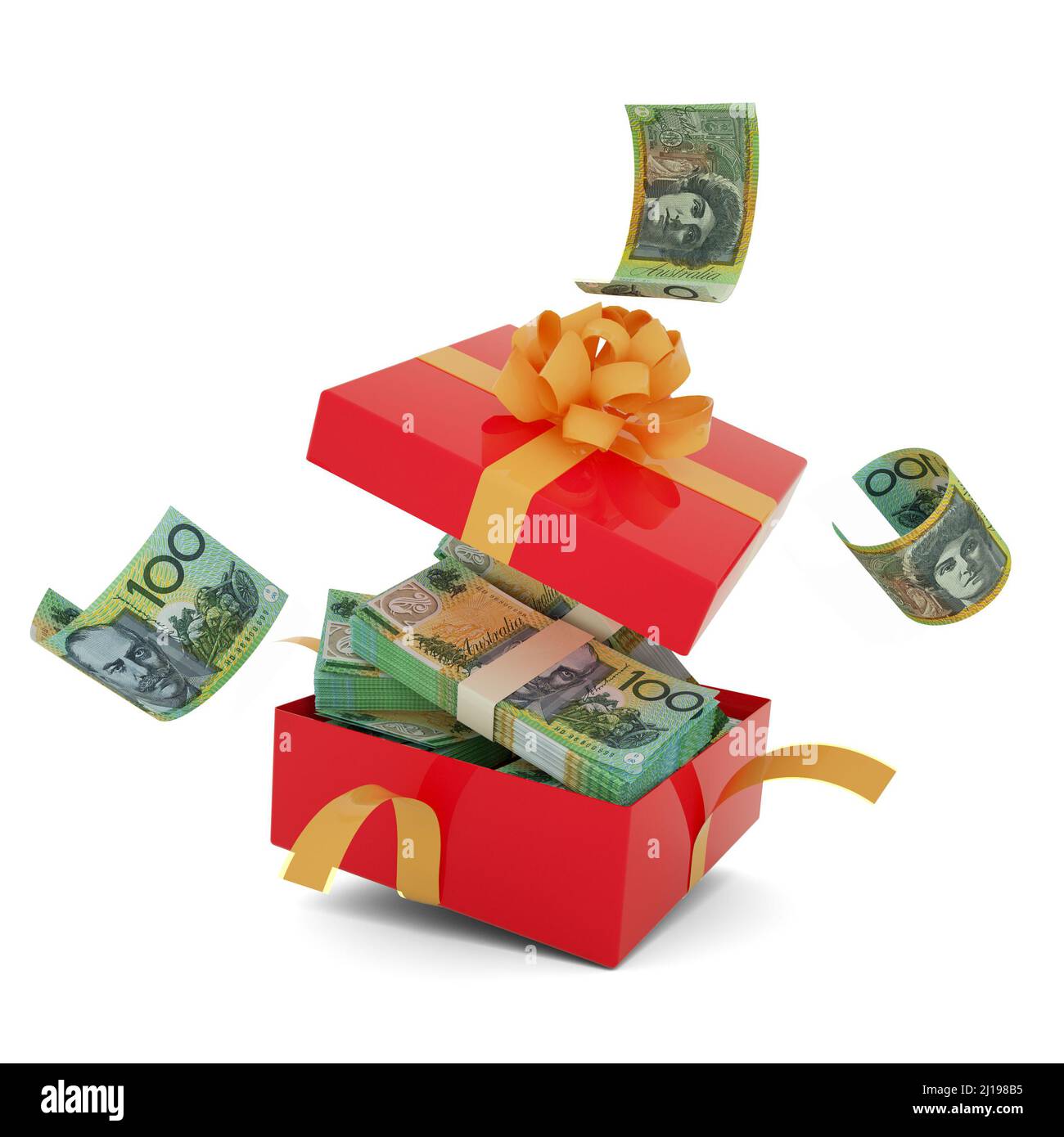 Australian dollar notes inside an open red gift box. Australian dollars ...