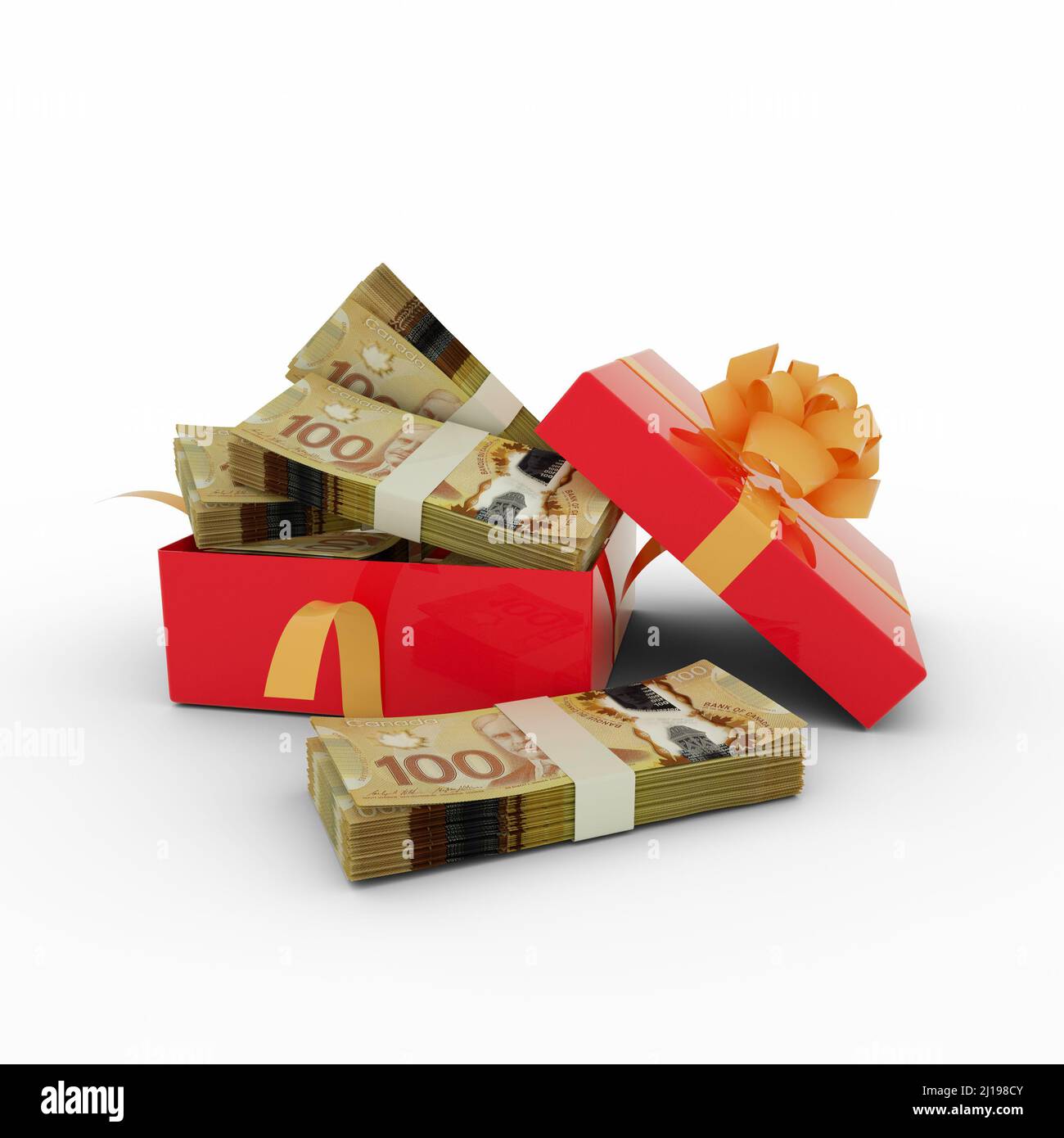 Stack of 100 Canadian dollar notes inside an open red gift box. Bundles ...