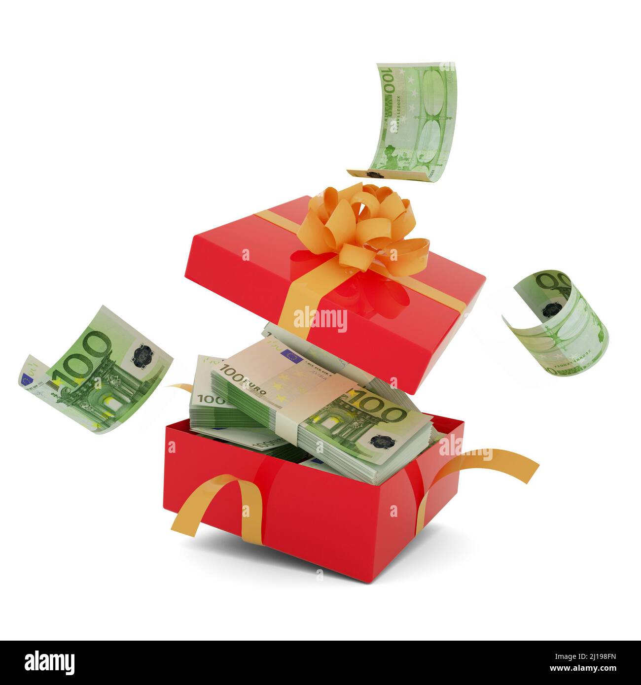 100 Euro notes inside an open red gift box. Euro inside and flying ...